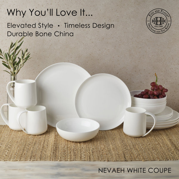 Fitz and Floyd Nevaeh White Coupe 16-Piece Chip-Resistant Bone China Dinnerware Set, Service for ...